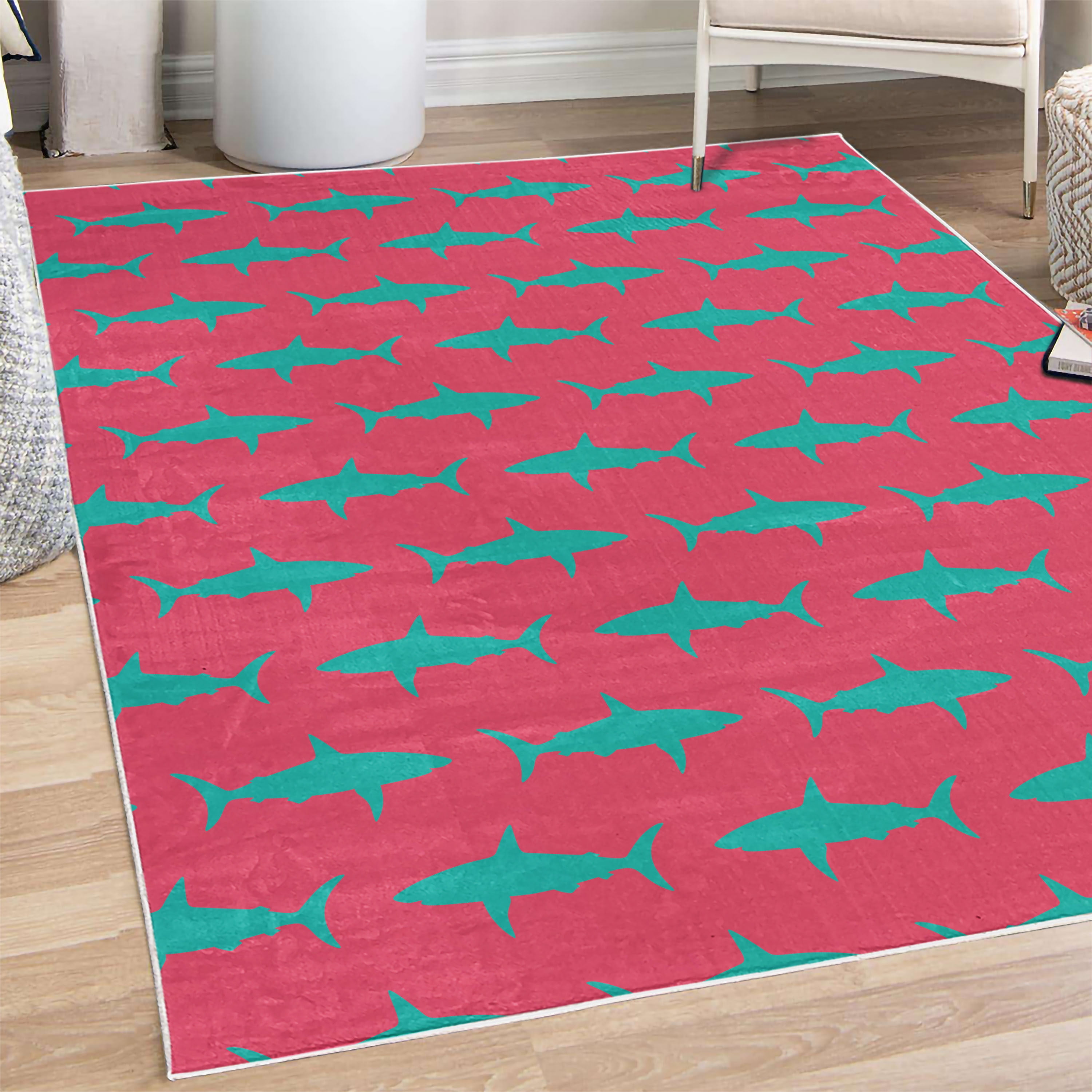 Sea Animals Decorative Rug, Sharks Swimming Horizontal Silhouettes ...