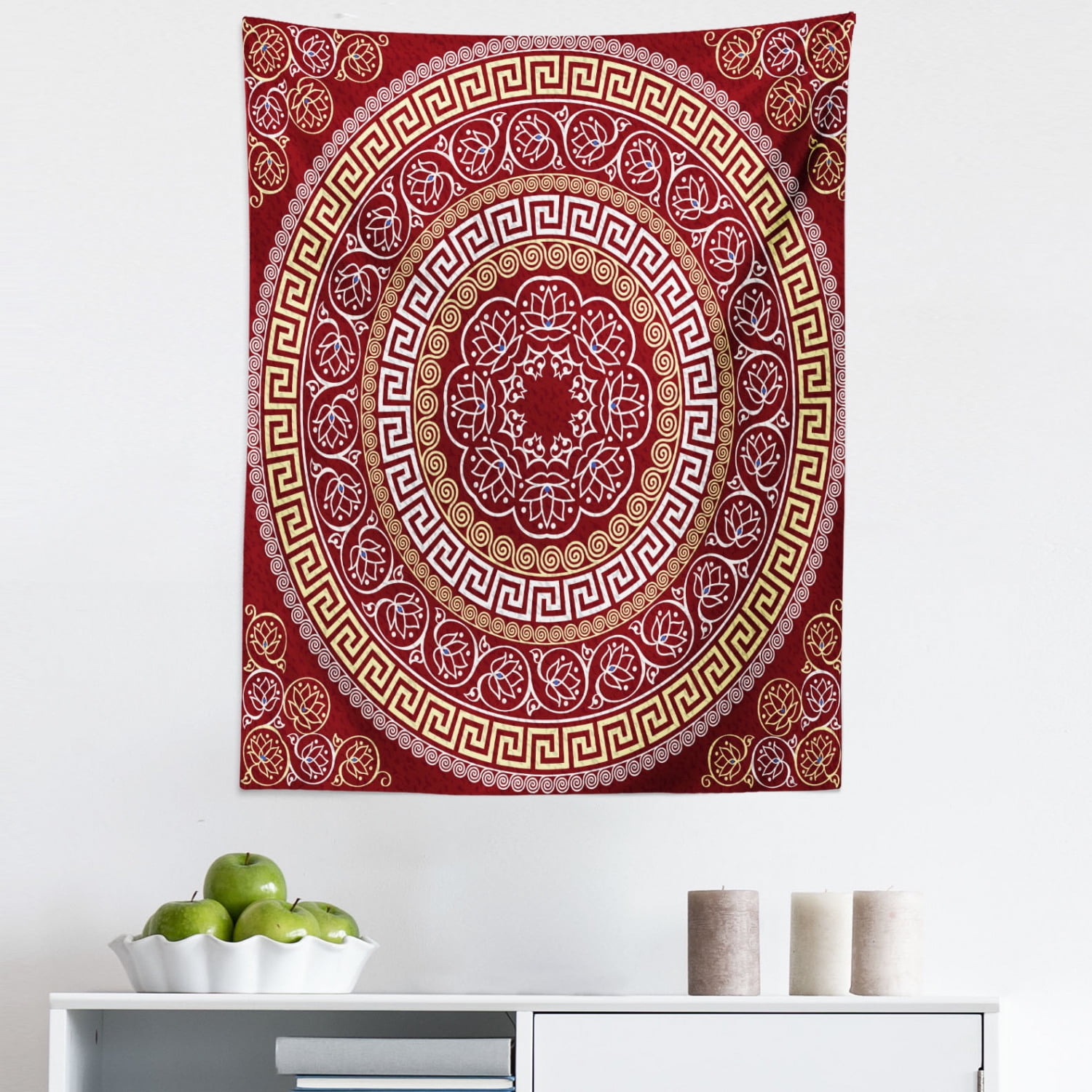 Greek Key Tapestry, Round and Square Ornament Meander with Floral ...