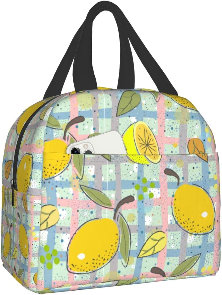Lemon FlowersLunch Bag Yellow Grid Insulated Reusable Tote Bag for ...