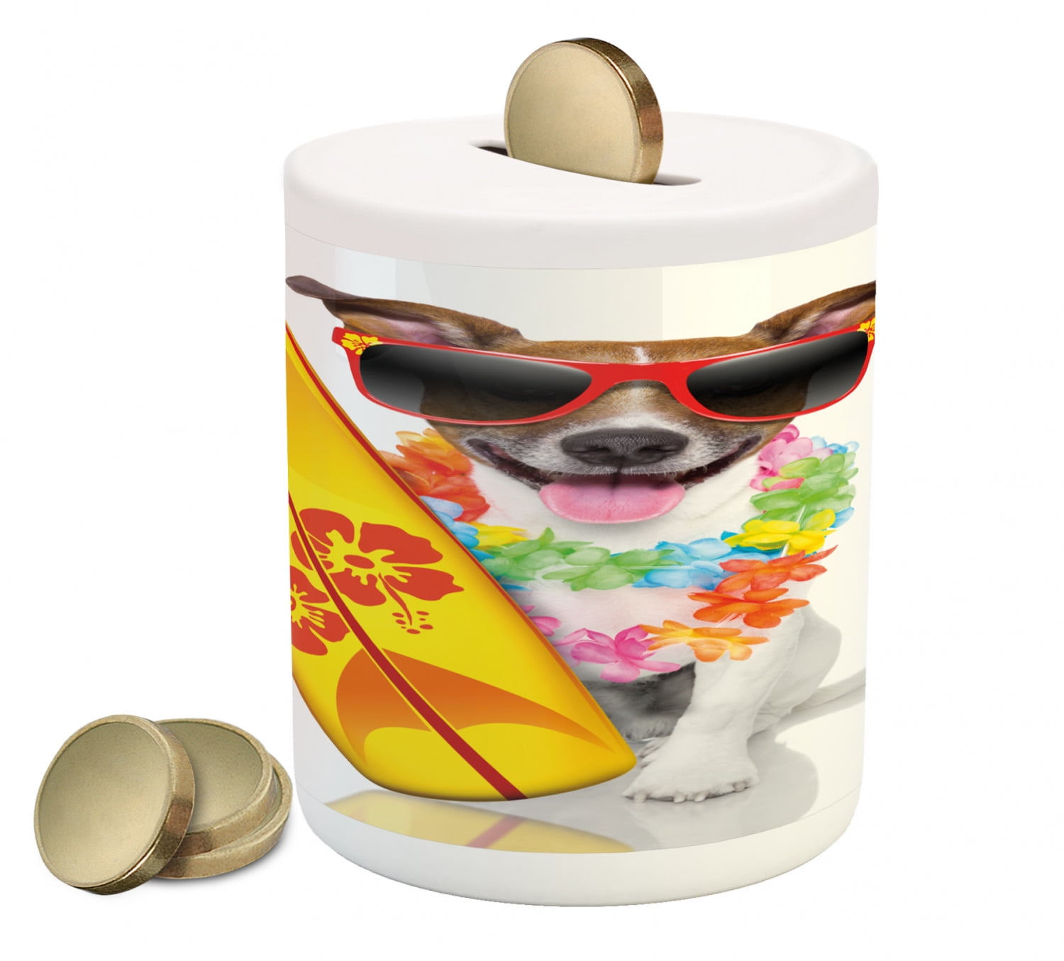Ride the Wave Piggy Bank, Surfer Puppy with Sunglasses and Tropical ...