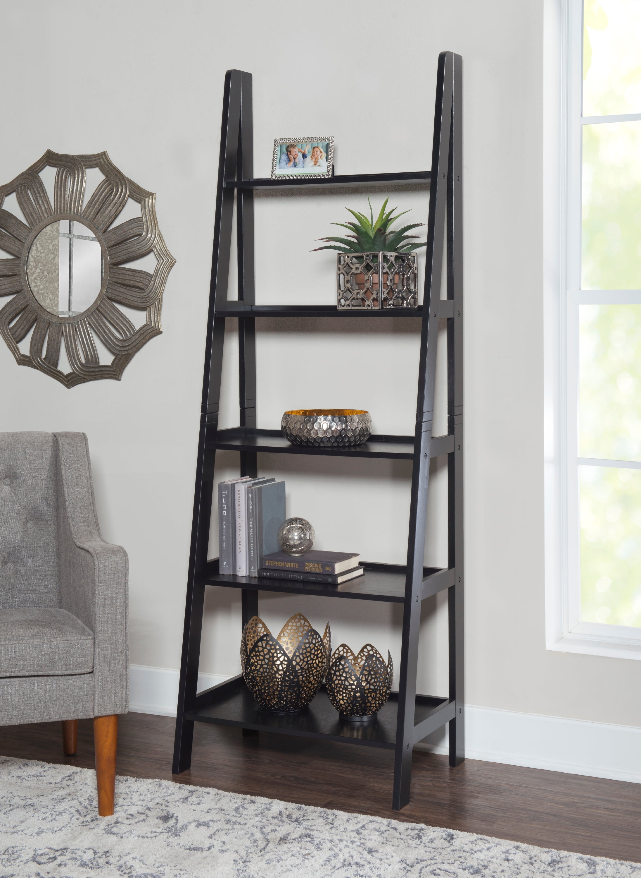 Linon Edson 5-Shelf Ladder Bookcase, 72" Height, Black Finish - Walmart.com
