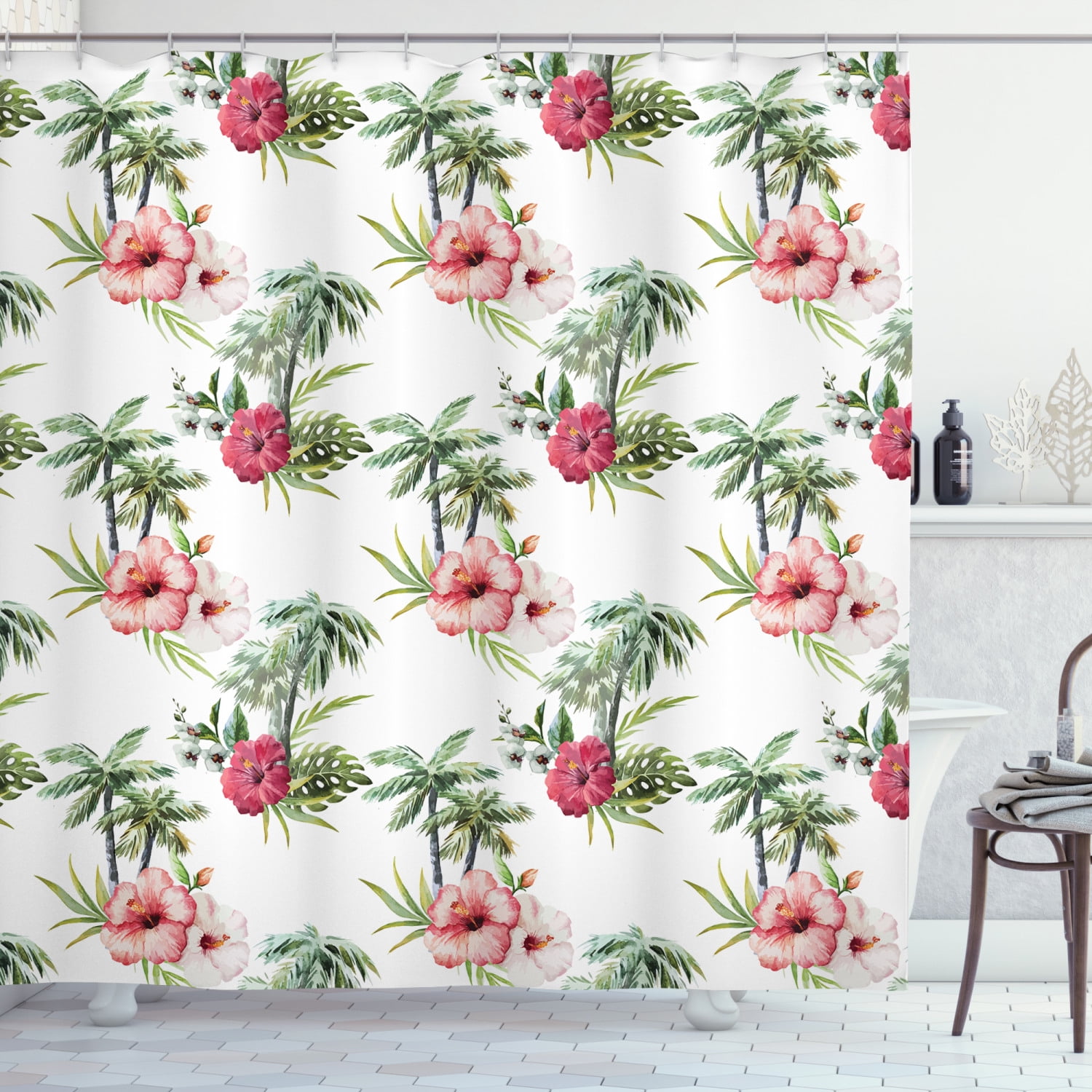 Hawaii Shower Curtain Aquarelle Effect Palm Trees Hibiscus Flowers hawaii-shower-curtain-aquarelle-effect-palm-trees-hibiscus-flowers