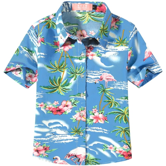 Sslr Youth Big Girls Flamingo Hawaiian Shirt Casual Short Sleeve Button