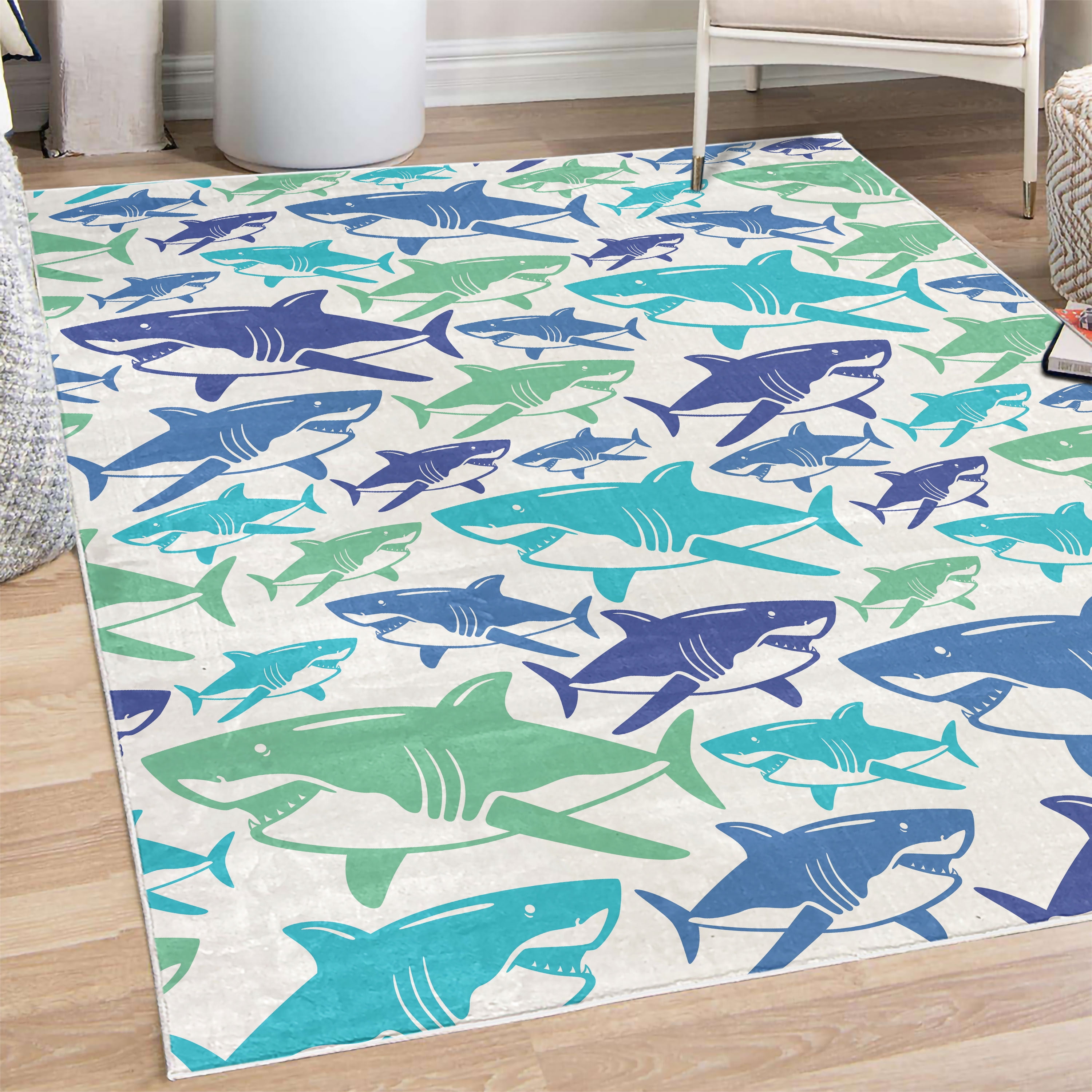 Shark Decorative Rug, Colorful Underwater Fish Pattern Masters Survival ...