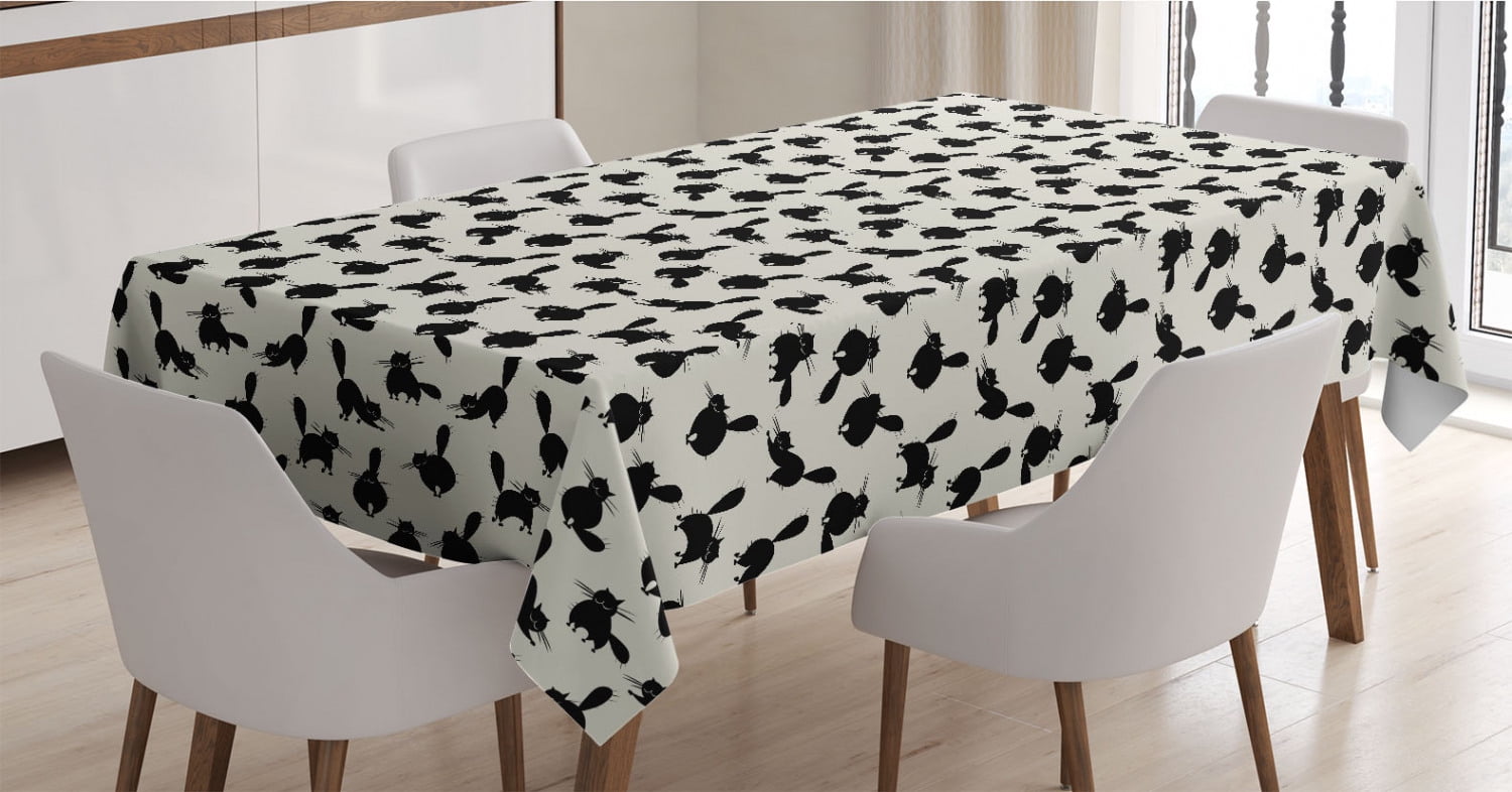 Cat Tablecloth, Funny House Pet Silhouettes with Various Poses Cartoon ...