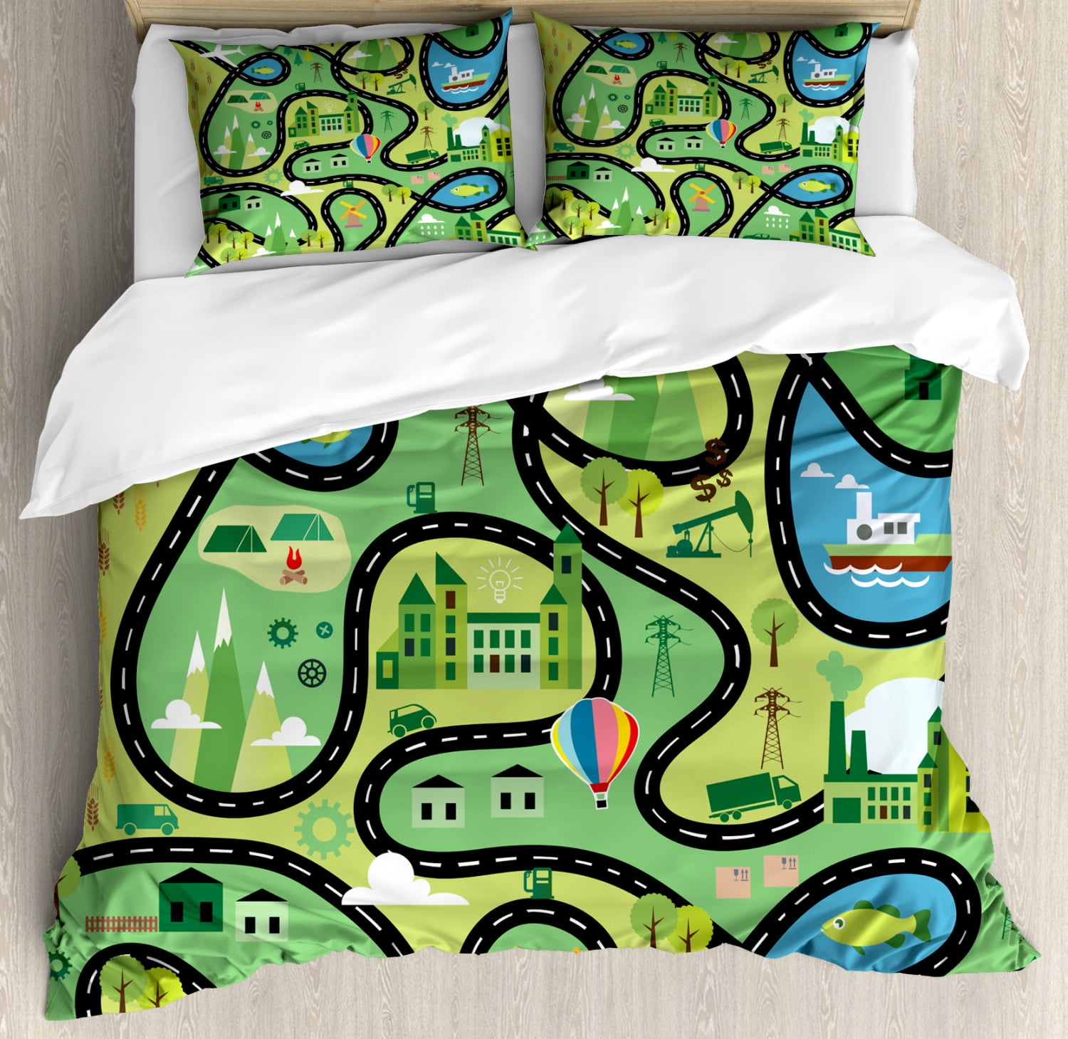 Boy's Queen Size Duvet Cover Set, Aerial View of Coastal Suburbs with ...
