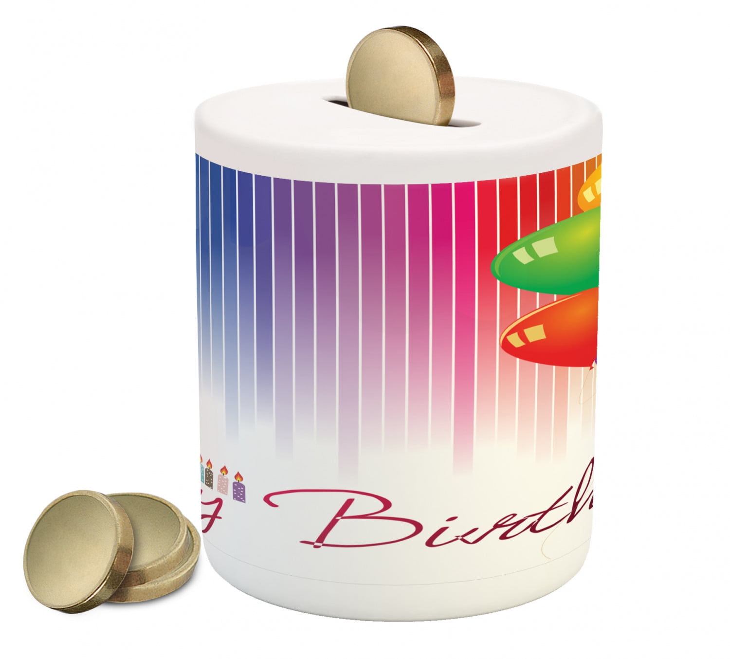 Birthday Piggy Bank, Rainbow Colored Striped Backdrop Balloons ...