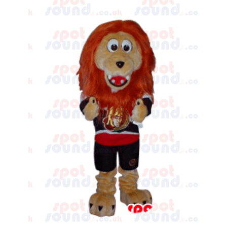 Beige Lion Plush SPOTSOUND Mascot With Red Hair Wearing Sports Shirt ...