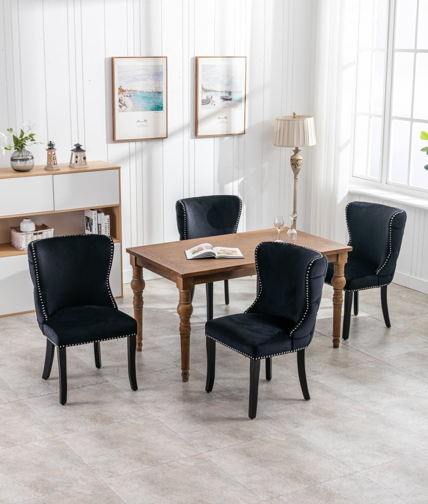 Set of 2 Black Velvet upholstered wing-back dining chair with ...