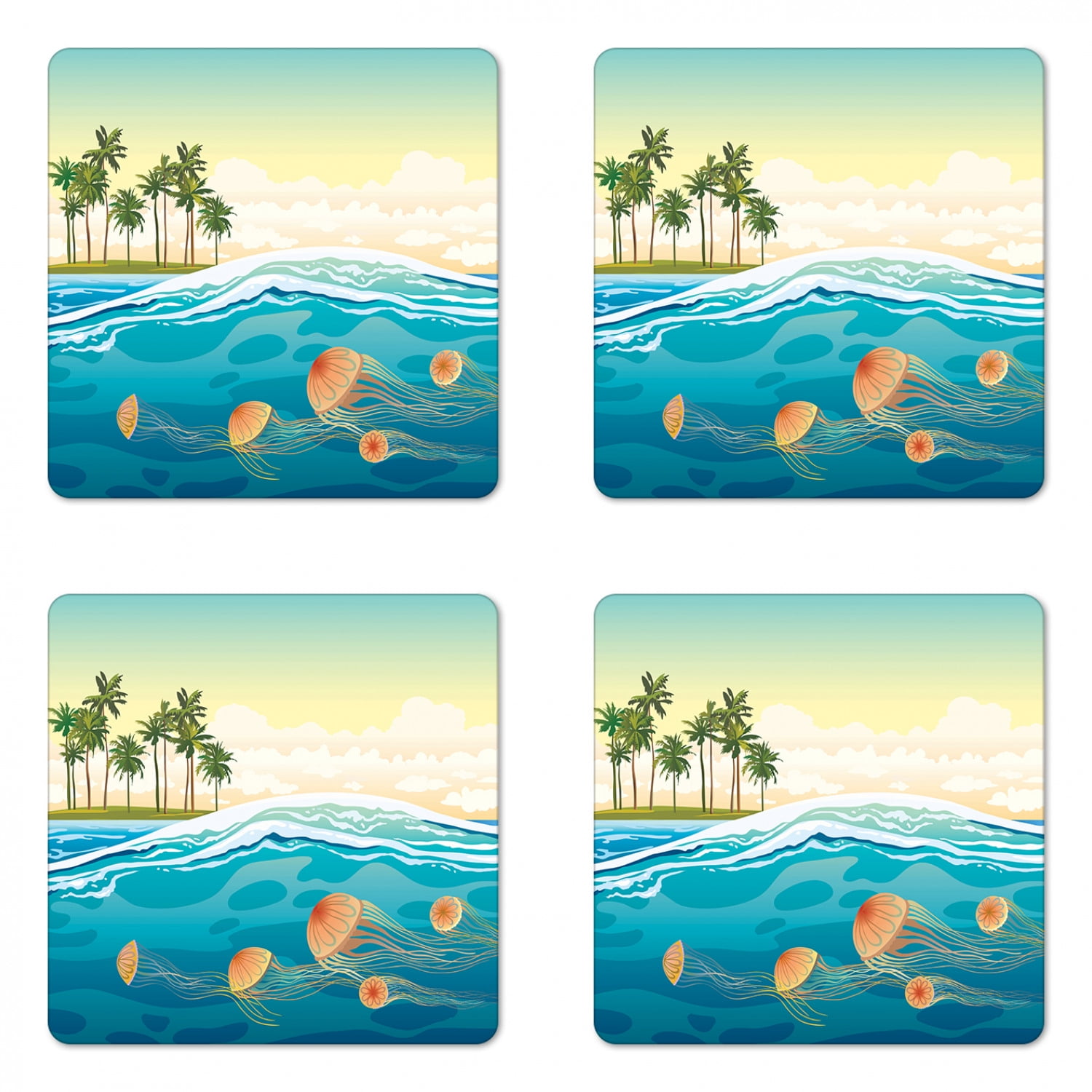 Tropical Coaster Set of 4, Jellyfish in the Ocean by Palm Tree Island ...