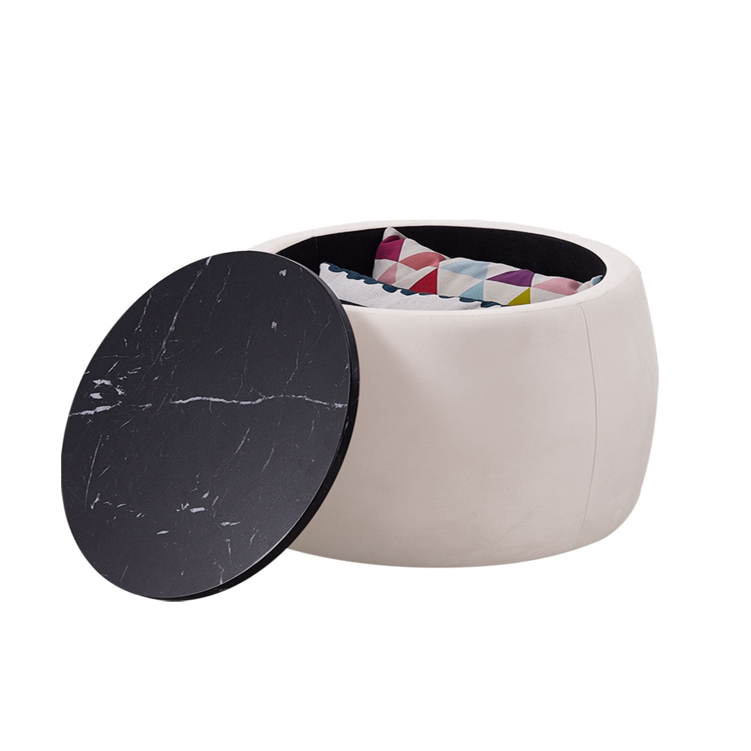 Round Storage Ottoman with Wooden Lid, 3-in-1 Storage Footstool, Circle ...