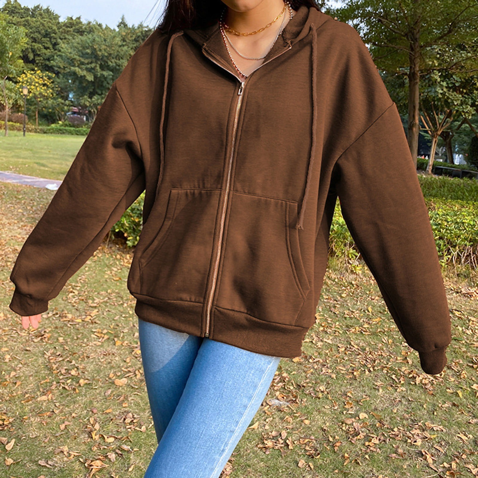 Click here for Zicth Brown Womens Zip Up Sweartshirts Street Long... prices