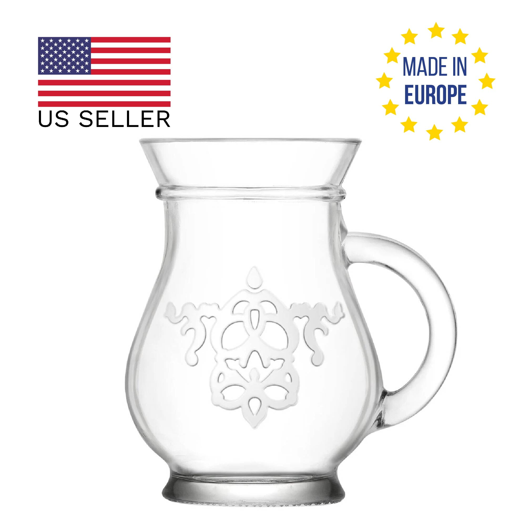 LAV Clear Ayran Mug Set of 2, Vintage Embossed Ayran Cups with Handles ...