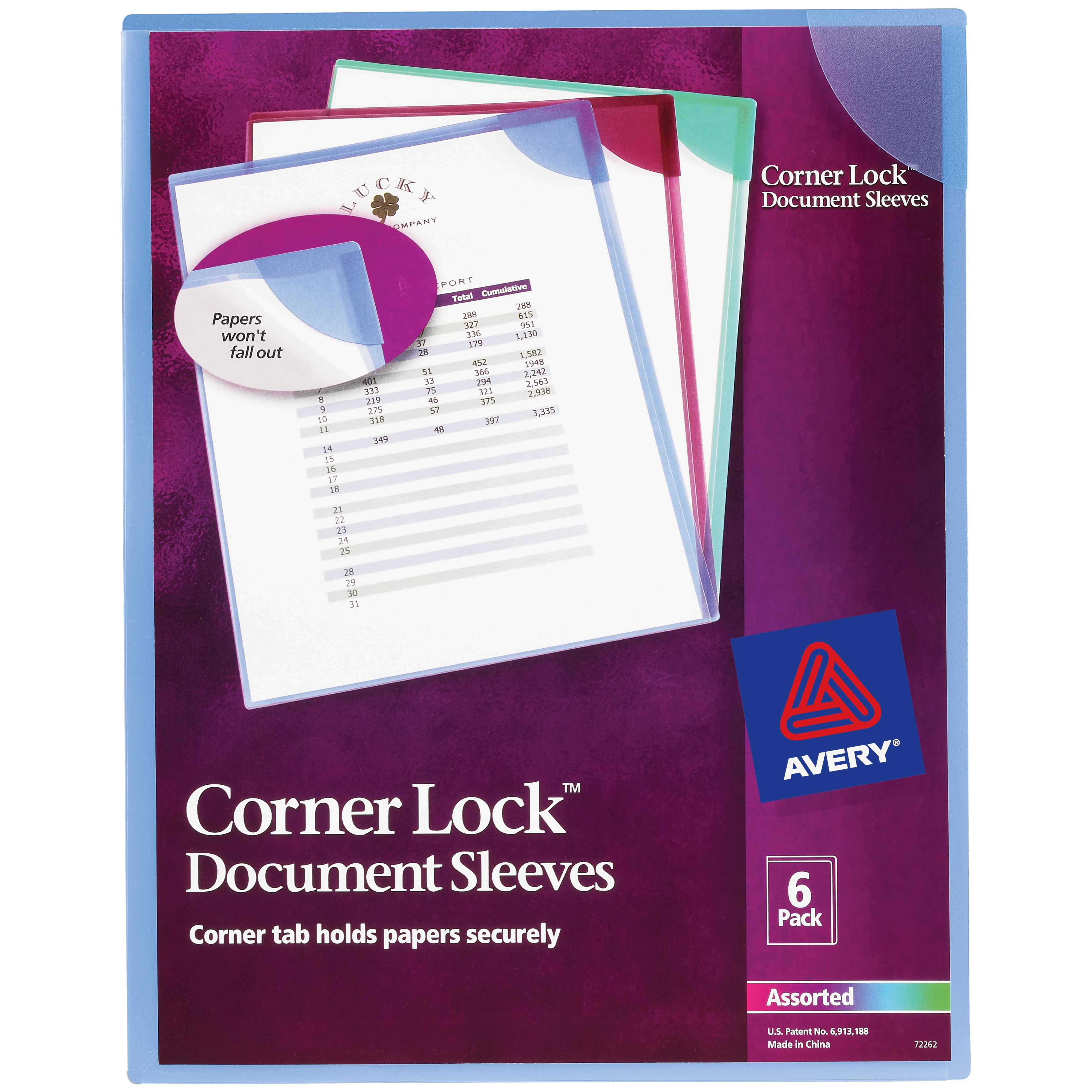 Avery Corner Lock Document Sleeves, 20 Sheet Capacity, Assorted Colors ...