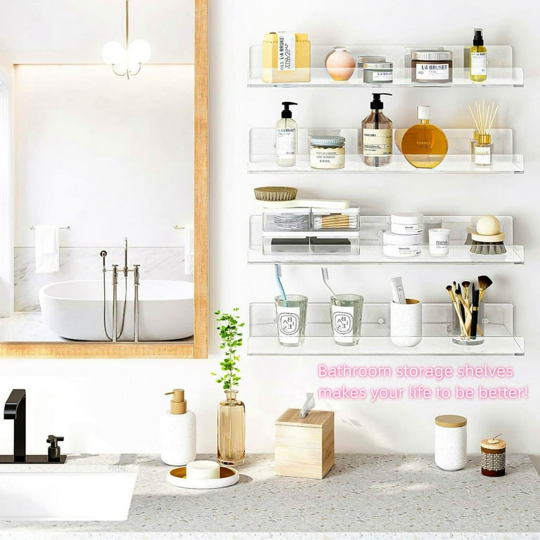 4 Pack Wall Mounted Acrylic Floating Shelves Clear Invisible Bathroom Shower Shelf Soap Holder 15 Room Storage Display Organizer