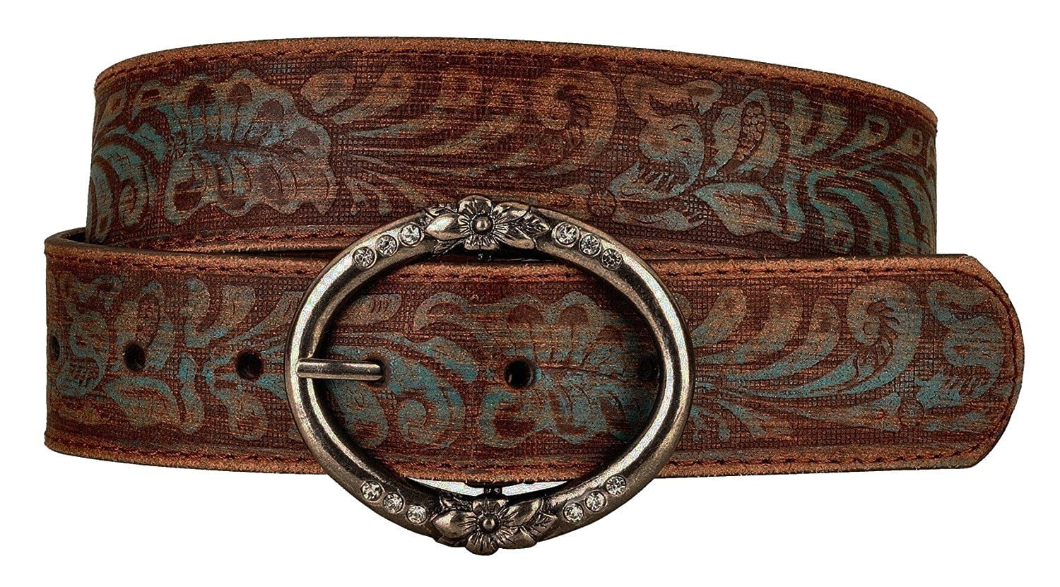 Distress Embossed Brown and Teal Leather Belt with Rhinestone Ring ...
