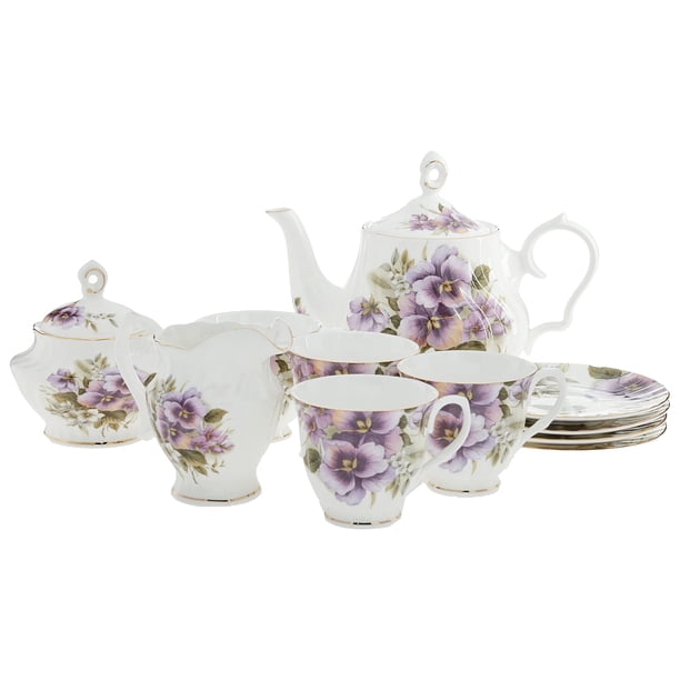 Gracie Bone China by Coastline Imports 11-Piece Tea Set, Purple Pansy ...