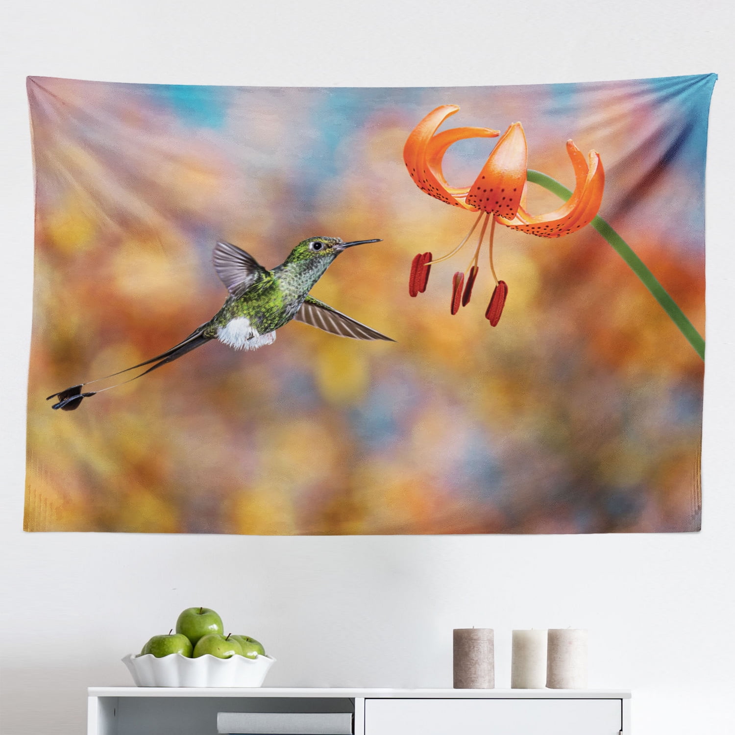 Hummingbird Tapestry, Bird is Flying Flowered Branch Floral Nature ...
