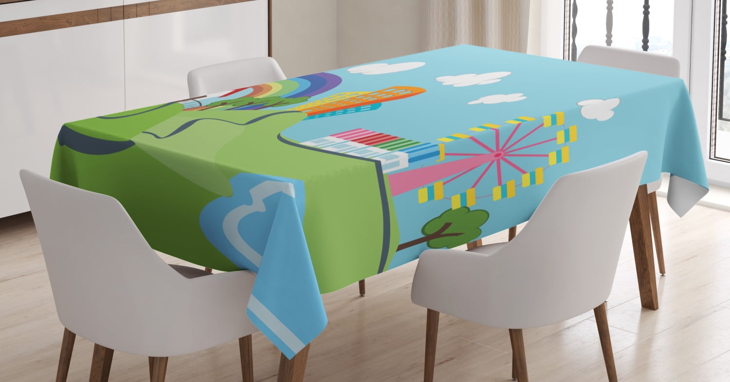 Ferris Wheel Tablecloth, Childish Cartoon Village Landscape under ...