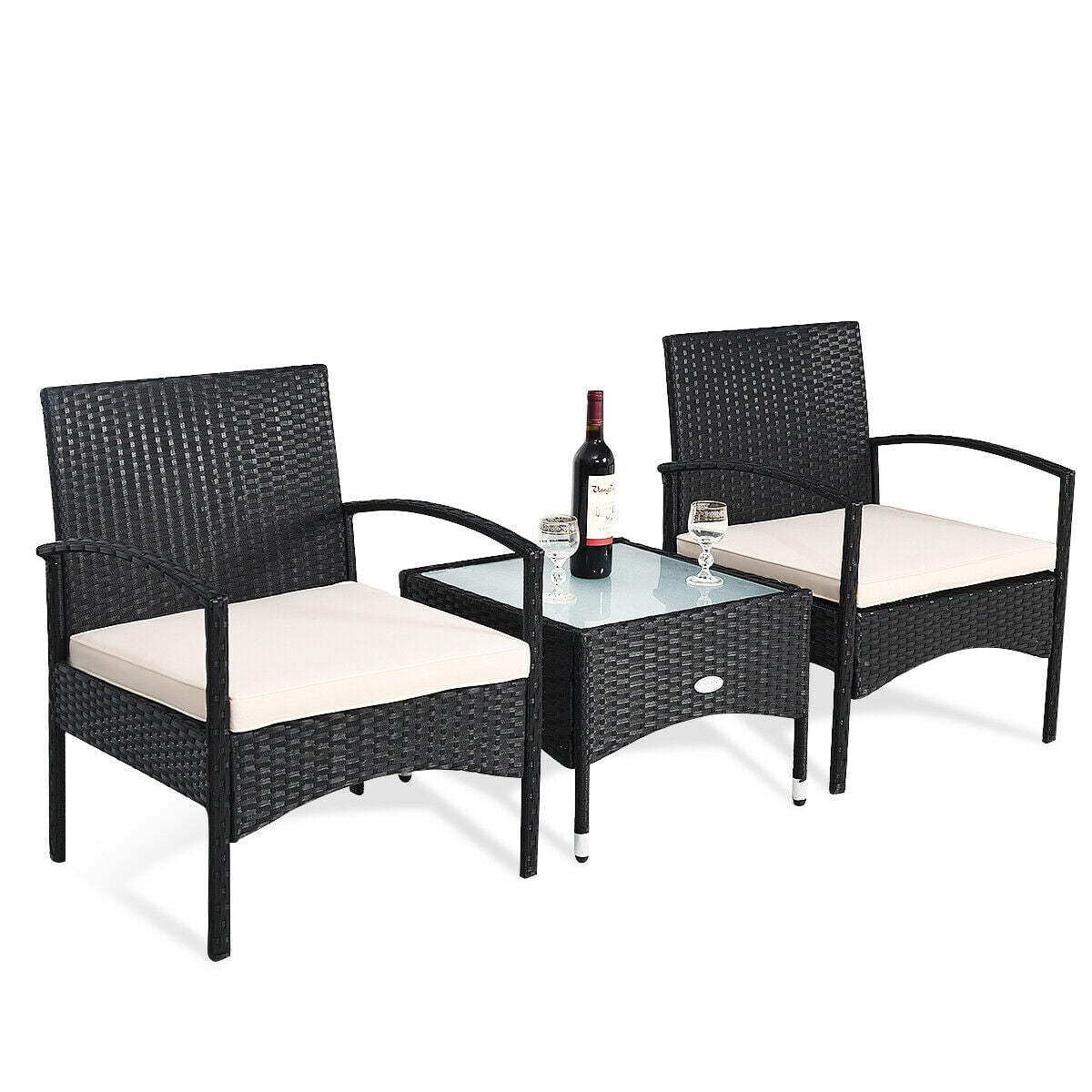 3 PCS Patio Wicker Rattan Furniture Set Coffee Table & 2 Rattan Chair W ...