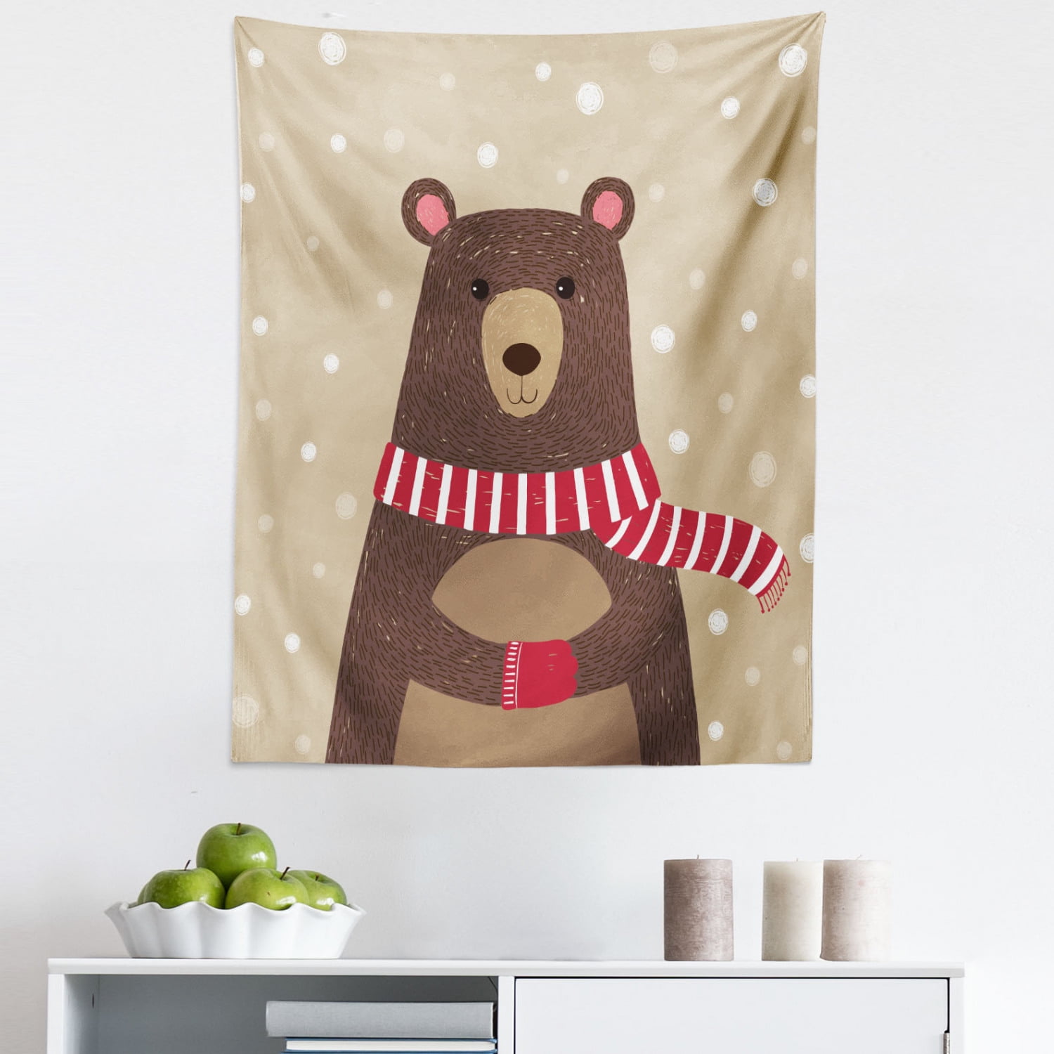 Cartoon Tapestry, Bear Wearing Red Scarf Under Snow Winter Cold Weather ...