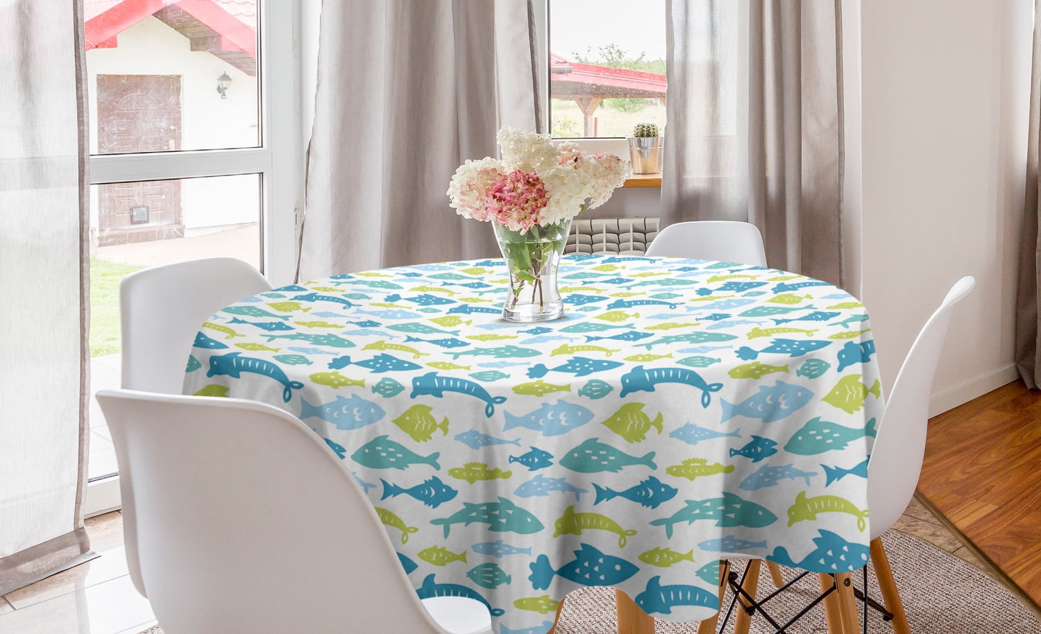Fish Round Tablecloth, Various Breed Aquatic Animals in Geometric ...