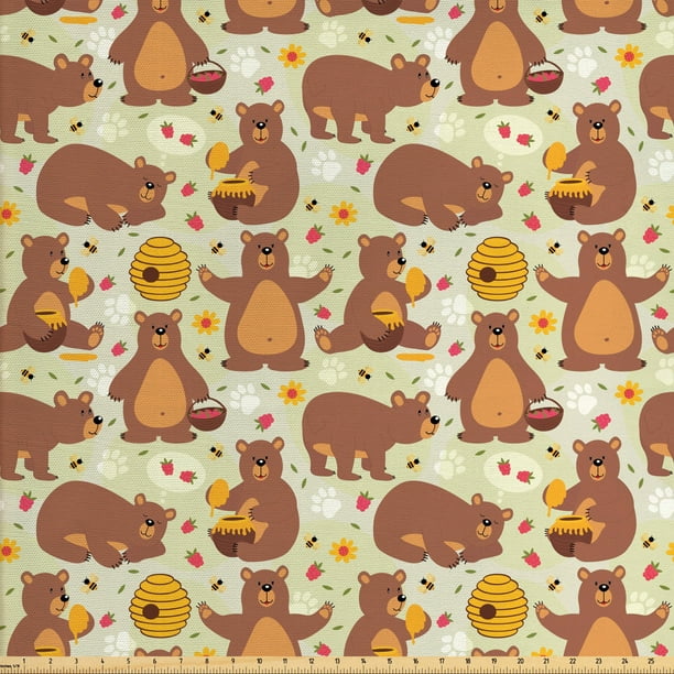 Bear Fabric by The Yard, Childish Pattern with Wild Brown Bear Sitting ...