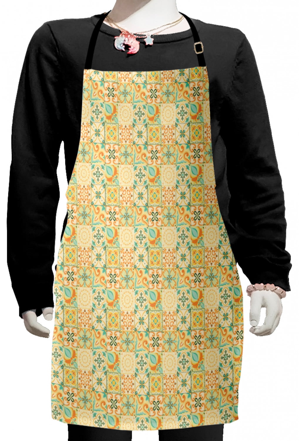 Vintage Kids Apron, Italian Style Checkered Pattern with Floral Motifs ...