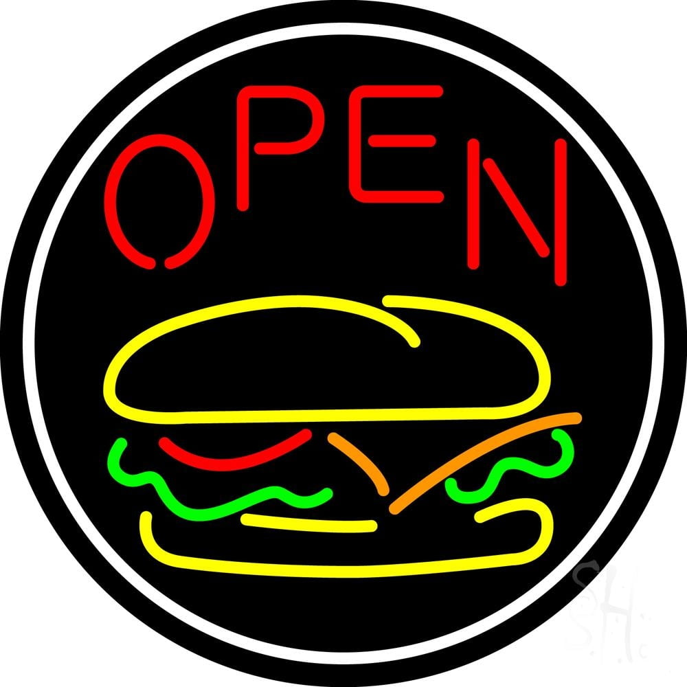 Burger Open Circle LED Neon Sign 24 x 24 - inches, Black Square Cut ...