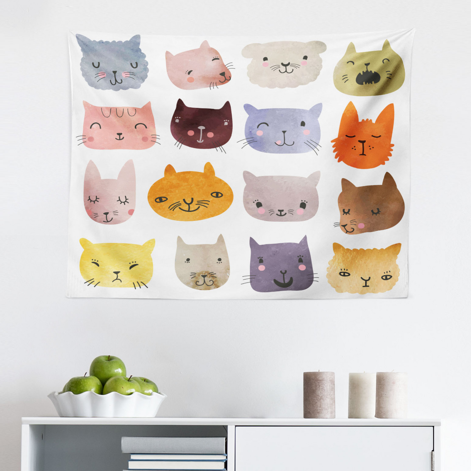Cat Tapestry, Cats Moustache Bow Tie Hat Crown Fluffy and Fish Humor ...