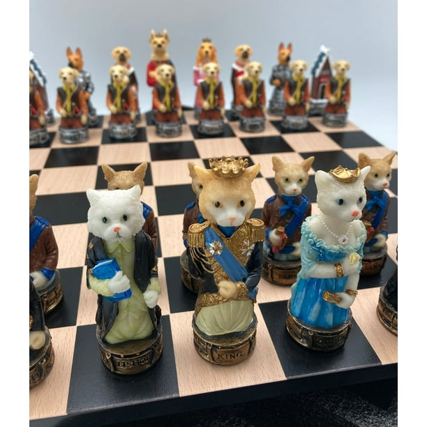 Chess Set - Cats & Dogs Resin Chessmen on Black/Maple Chest - Walmart.com