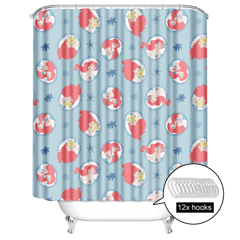 Mermaid Princess Ariel Fabric Shower Curtain For Home Bathroom With 12