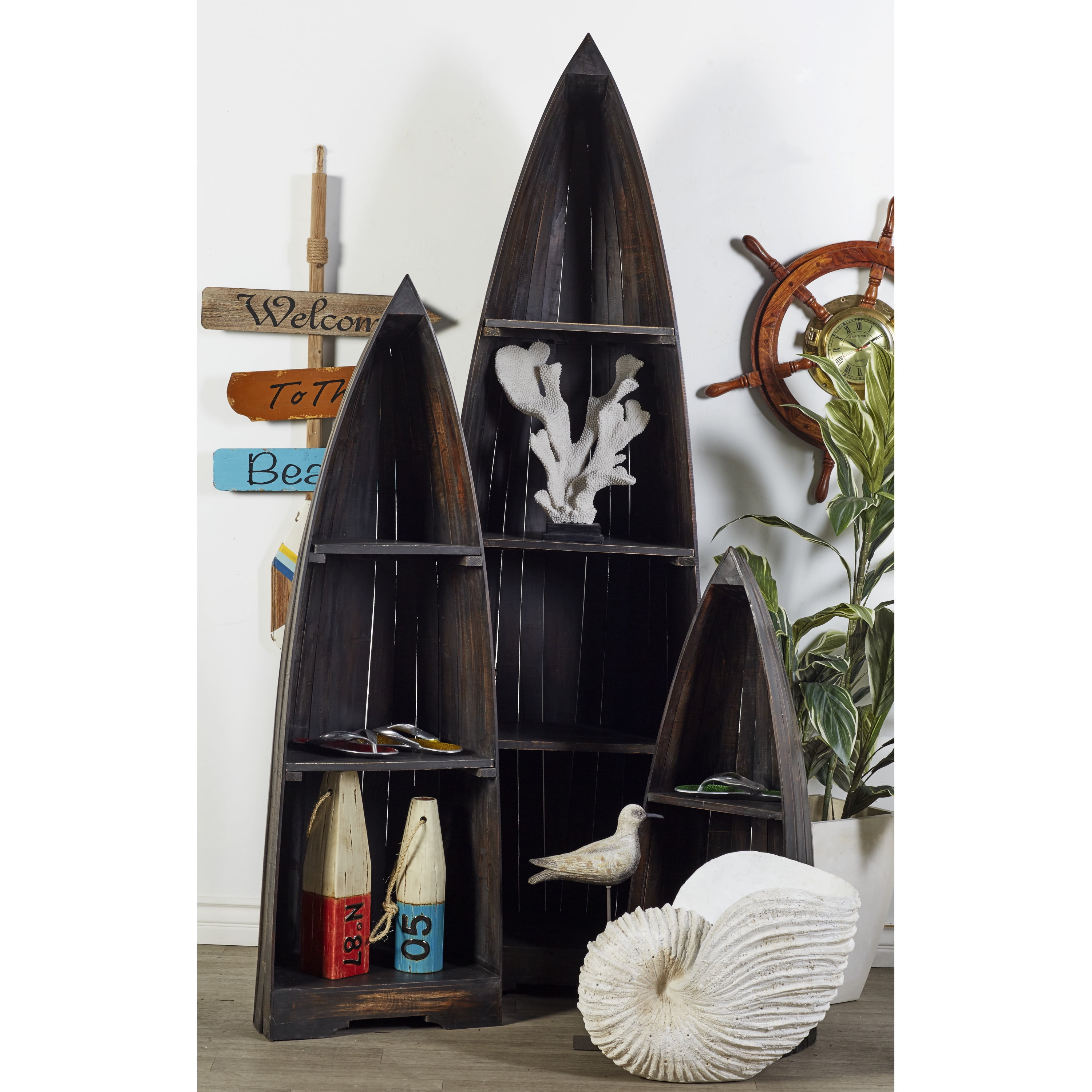 DecMode 77", 57", 37"H Brown Wood Boat 9-Tier Shelving Unit, 3-Pieces ...
