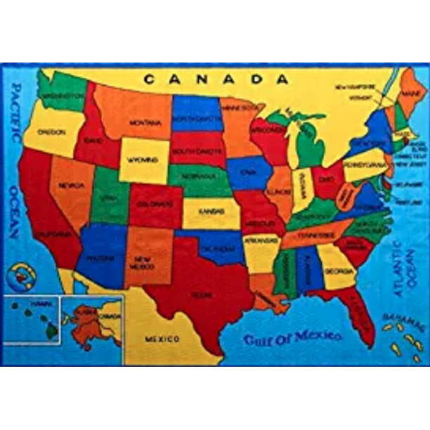 USA Map 5' x 7' Children Area Rug for Playroom & Nursery - Non Skid Gel ...