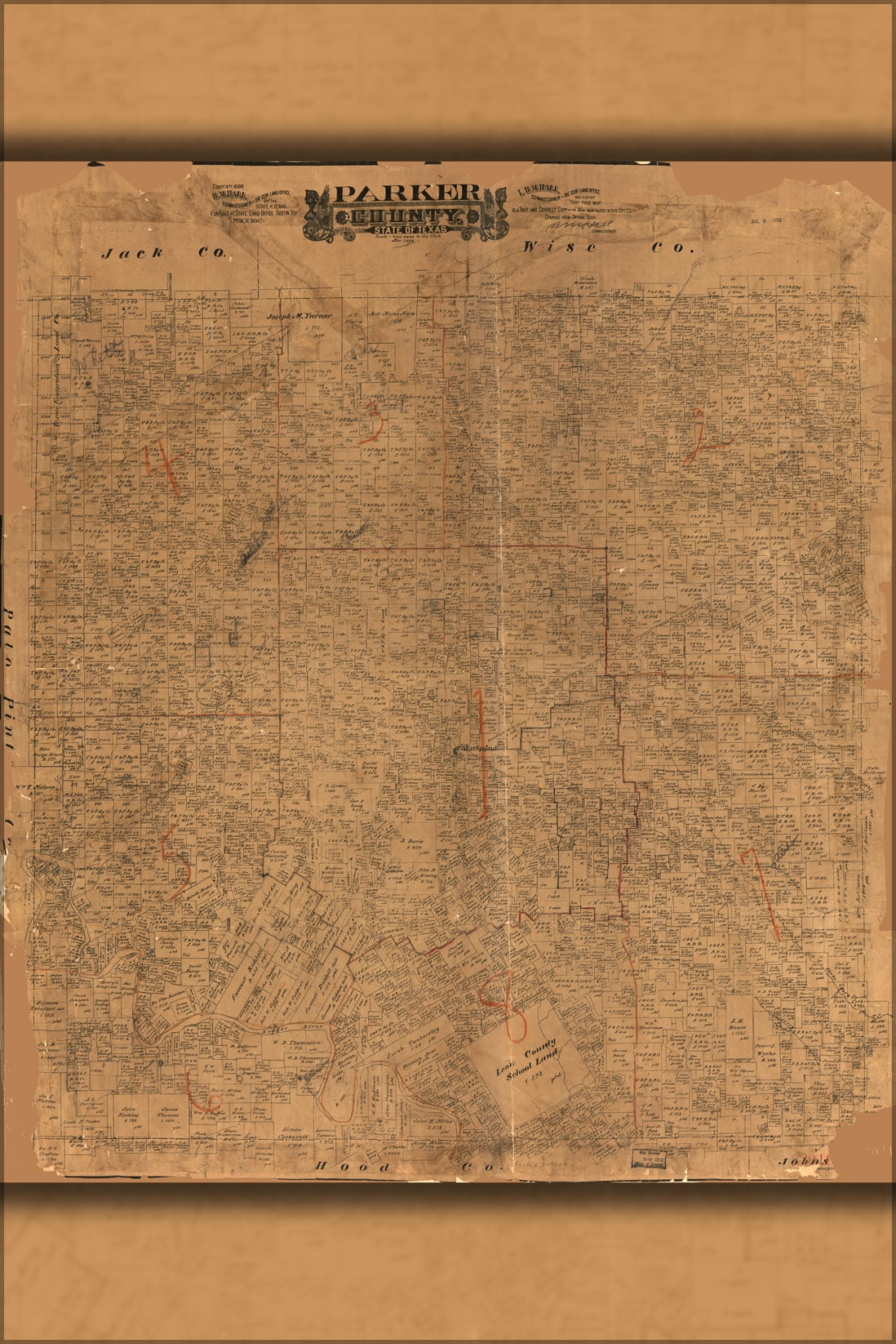 24"x36" Gallery Poster, map of Parker County, state of Texas 1888 ...