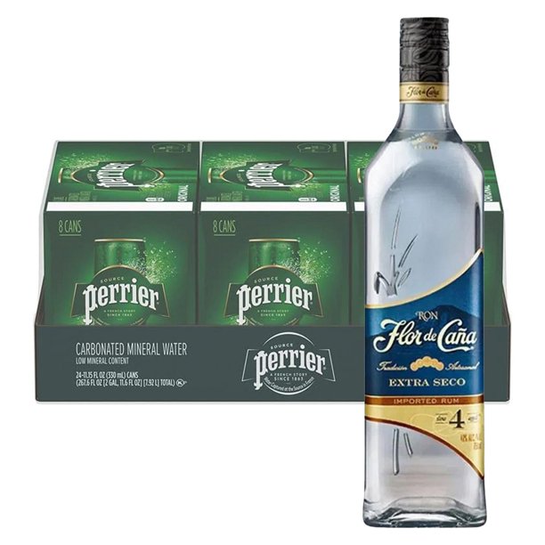 Pack 24 Agua Perrier Mineralizada Lata 330 ml + Ron Flor de Caña Blanco ...