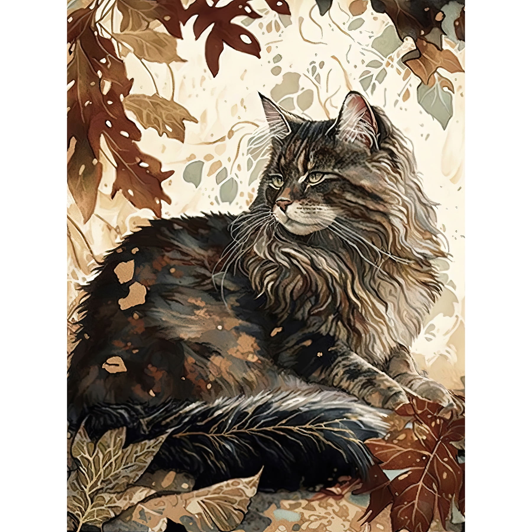 Maine Coon Cat in Autumn Leaves Modern Watercolour Ink Illustration ...
