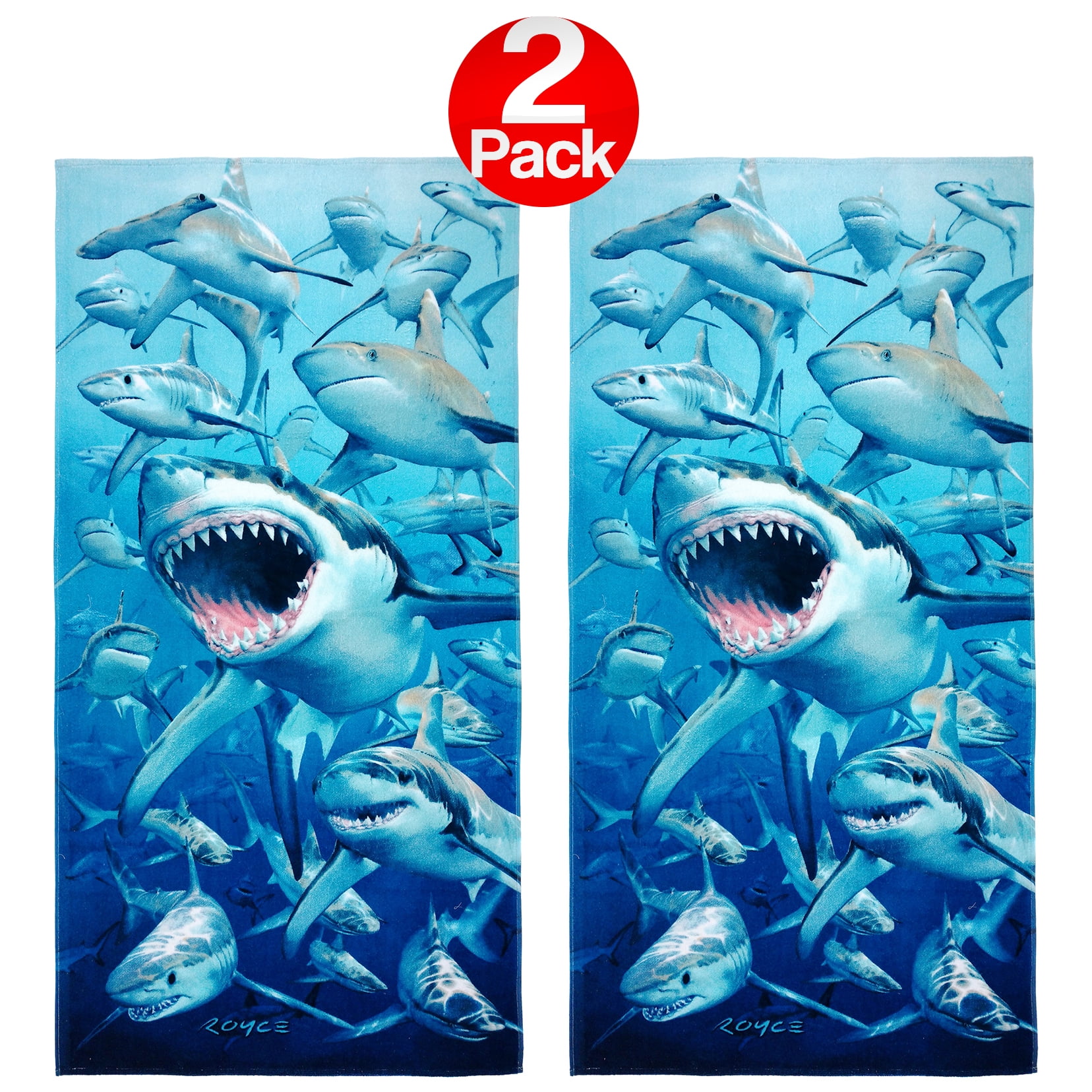 Kaufman -2 Pack Printed Beach,Pool Towel - Hungry Sharks - Walmart.com