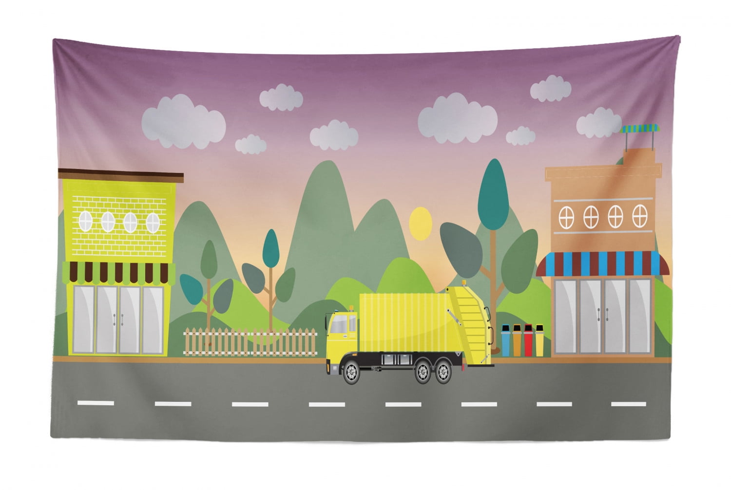 Garbage Truck Tapestry, Truck on The Road with Houses on The Background ...