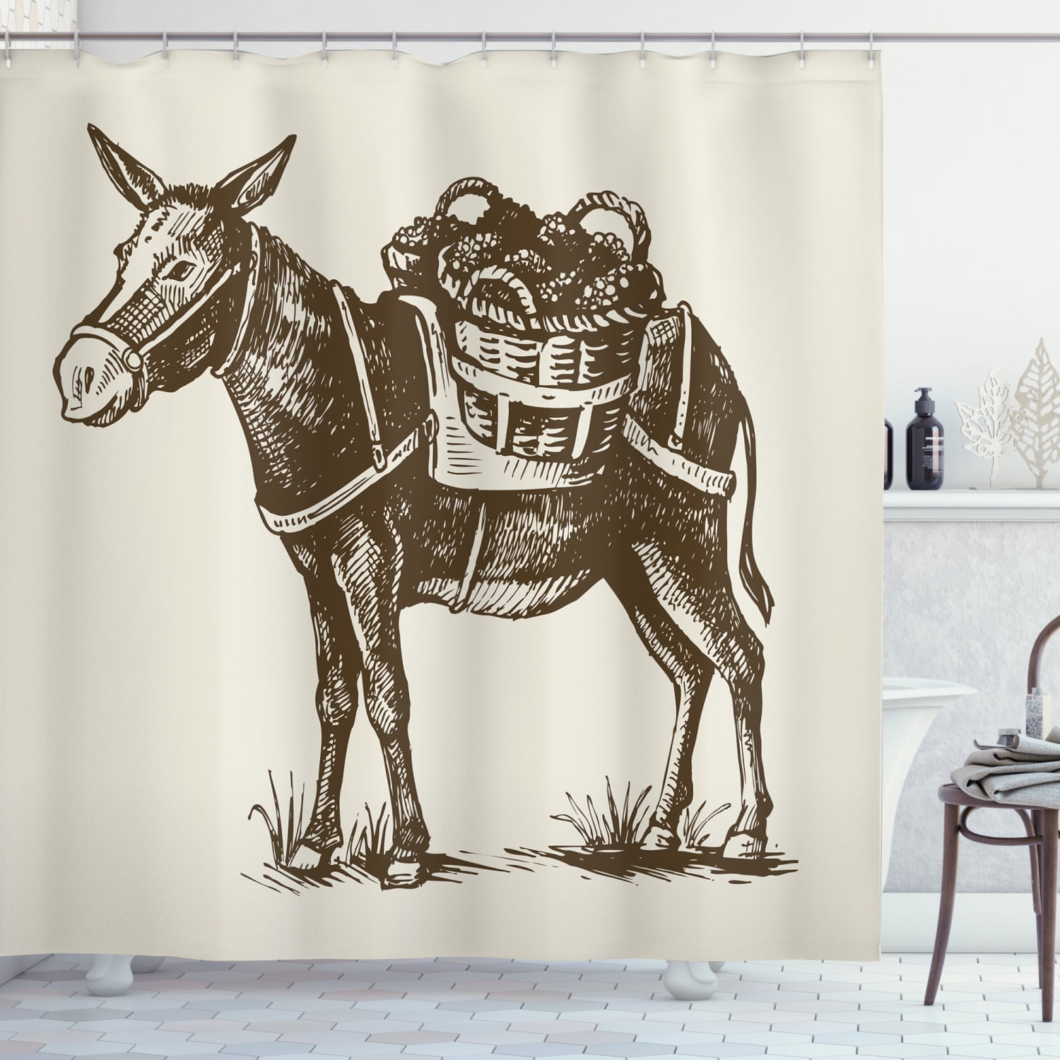 Ambesonne Donkey Shower Curtain, Vintage Animal with Baskets, 69"Wx70"L ...