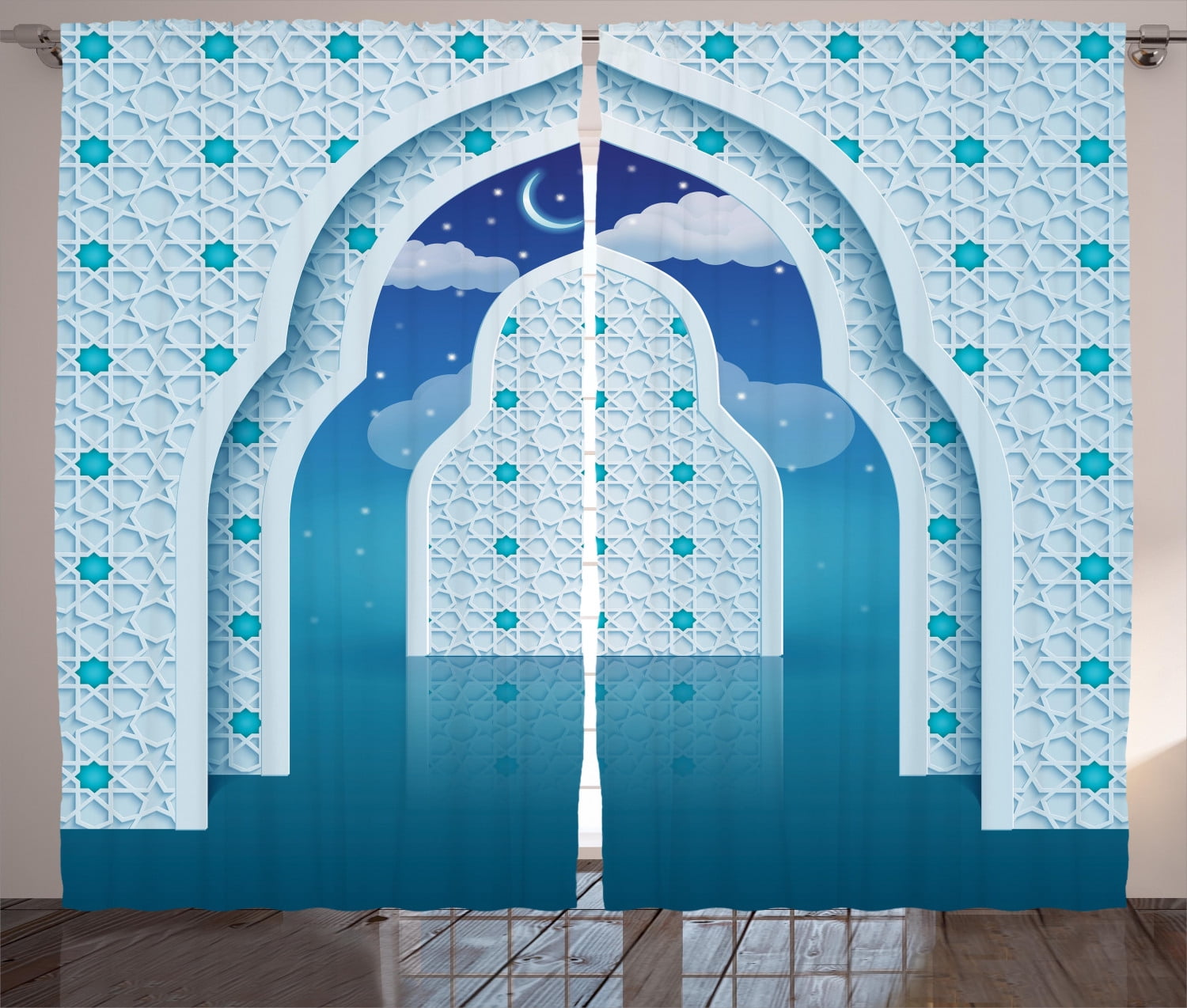 Moroccan Curtains 2 Panels Set, Arabic Quote Textured Mosque Arch Door ...