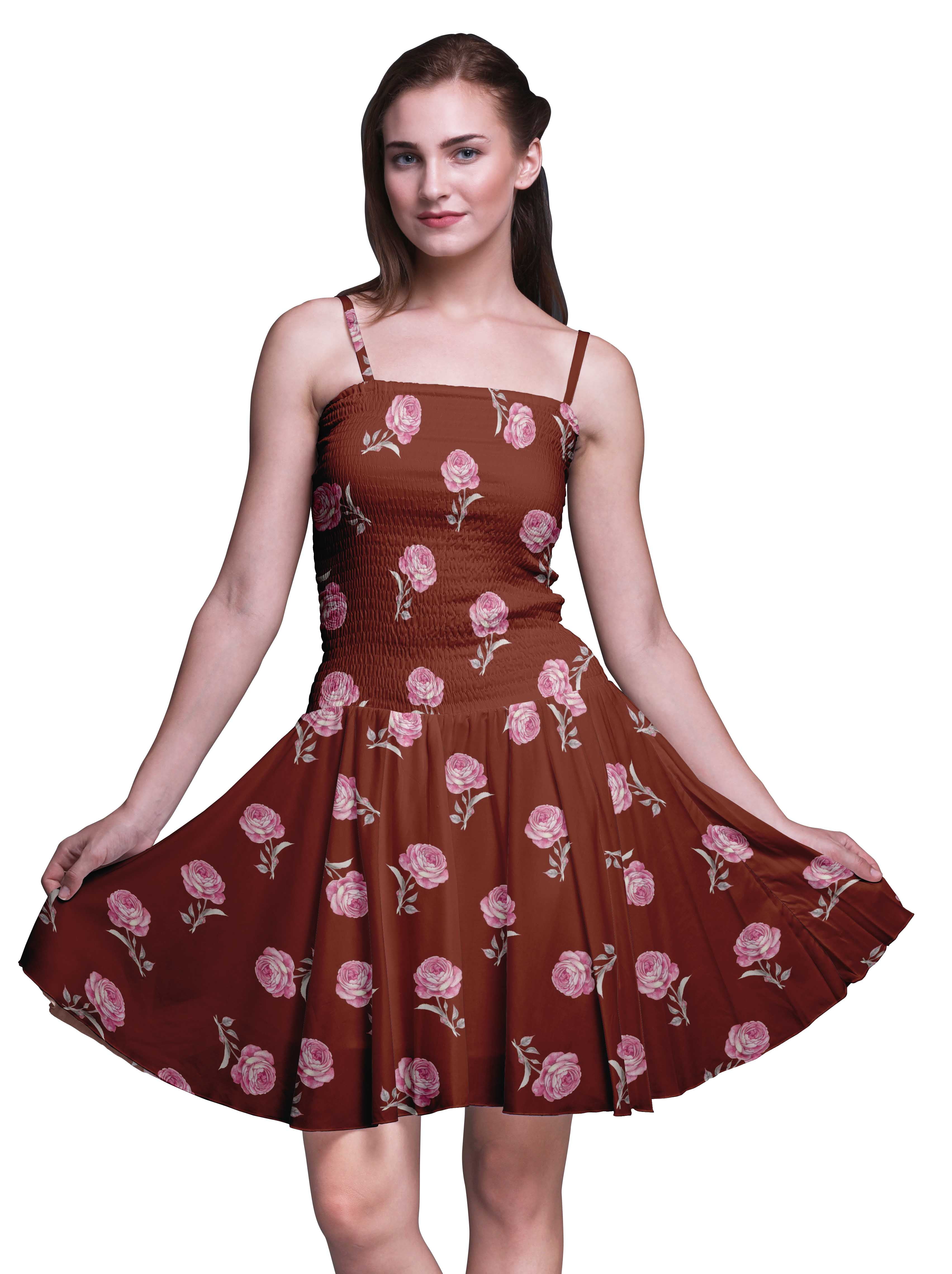 Bimba Floral Ladies Smocked Waist Mini Sun Dress Printed Summer Holiday ...