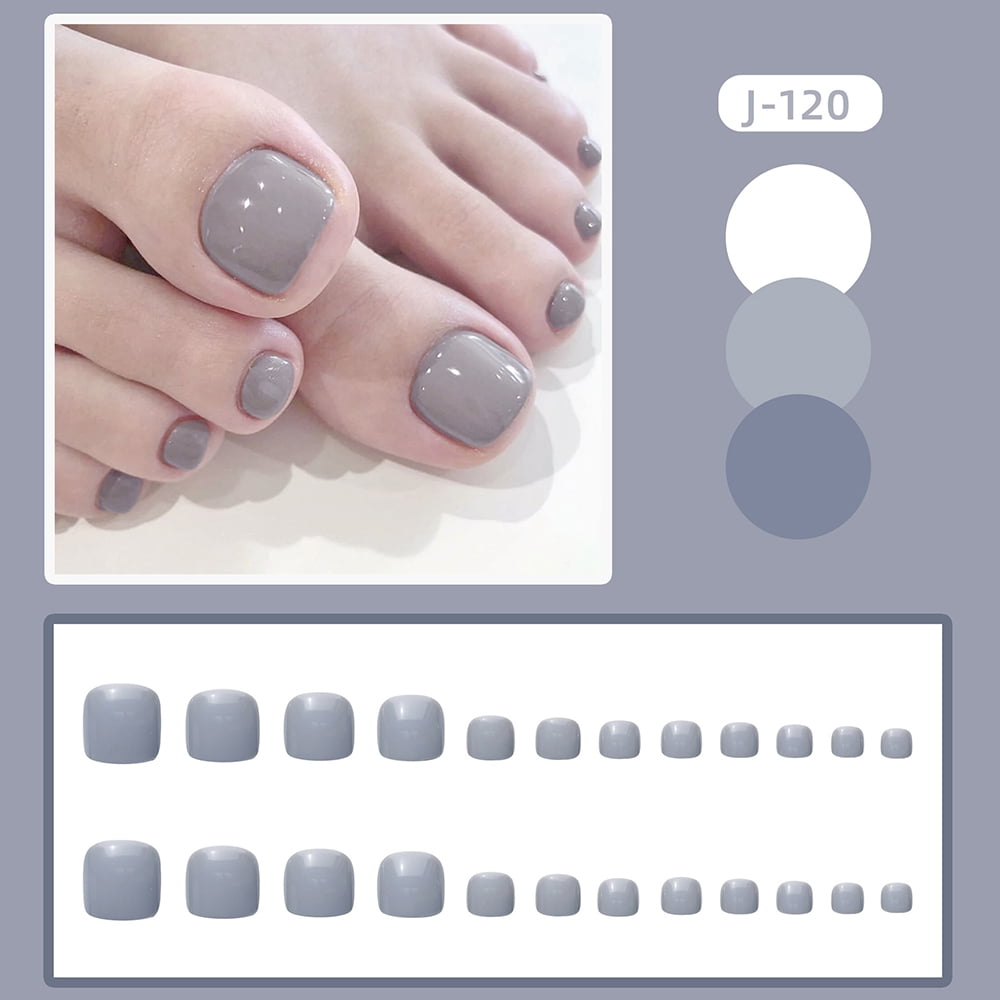 24Pcs Glossy Grey False Toenails Wearable Fake Nails for Women and ...