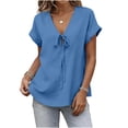 BiZtdJrK Light Blue Women Linen Summer Shirts Tie Front V Neck Rolled ...