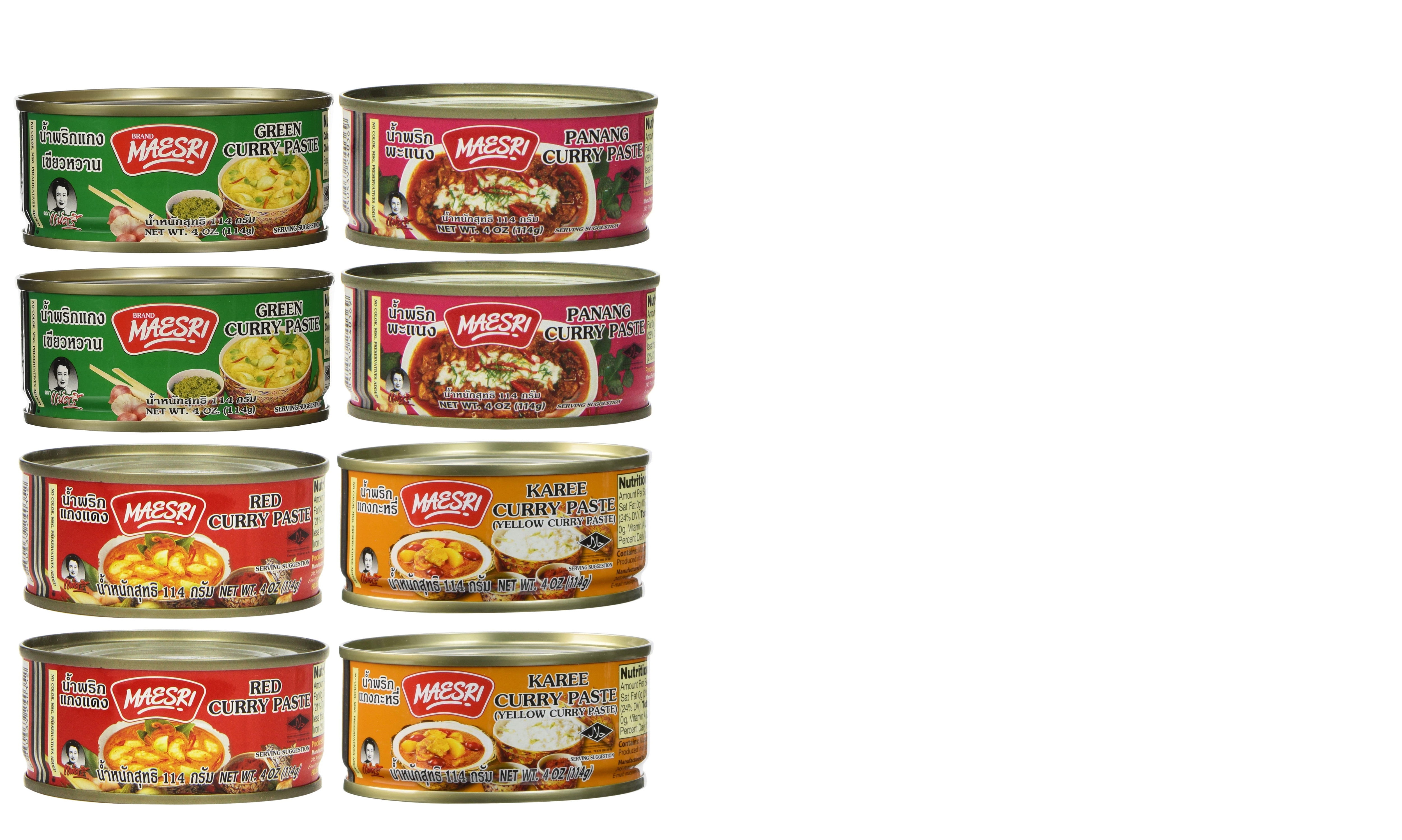 Maesri Thai Curry Paste (4oz) Assorted, Red-Green-Panang-Yellow (2 of ...