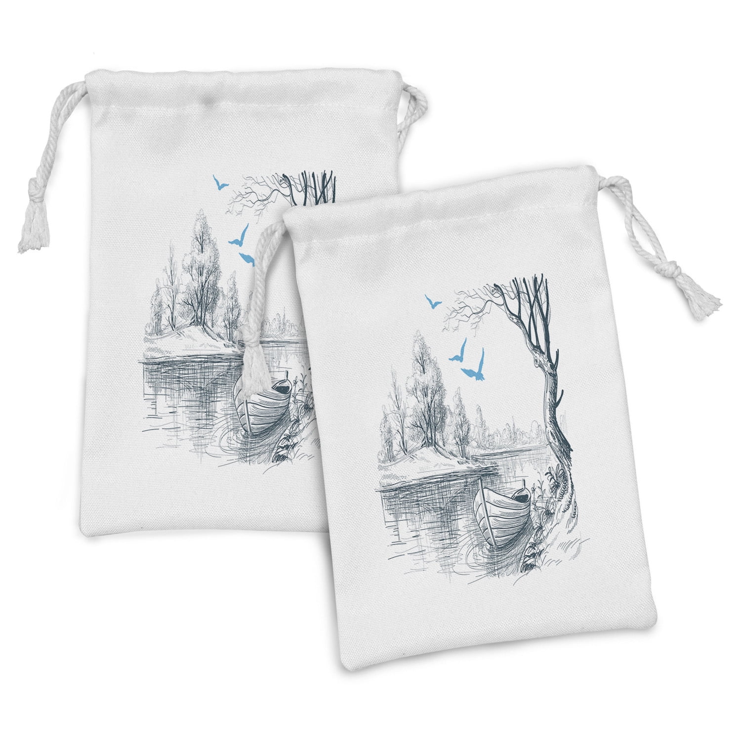Landscape Fabric Pouch Set of 2, Boat on Calm River Trees Birds Twigs ...