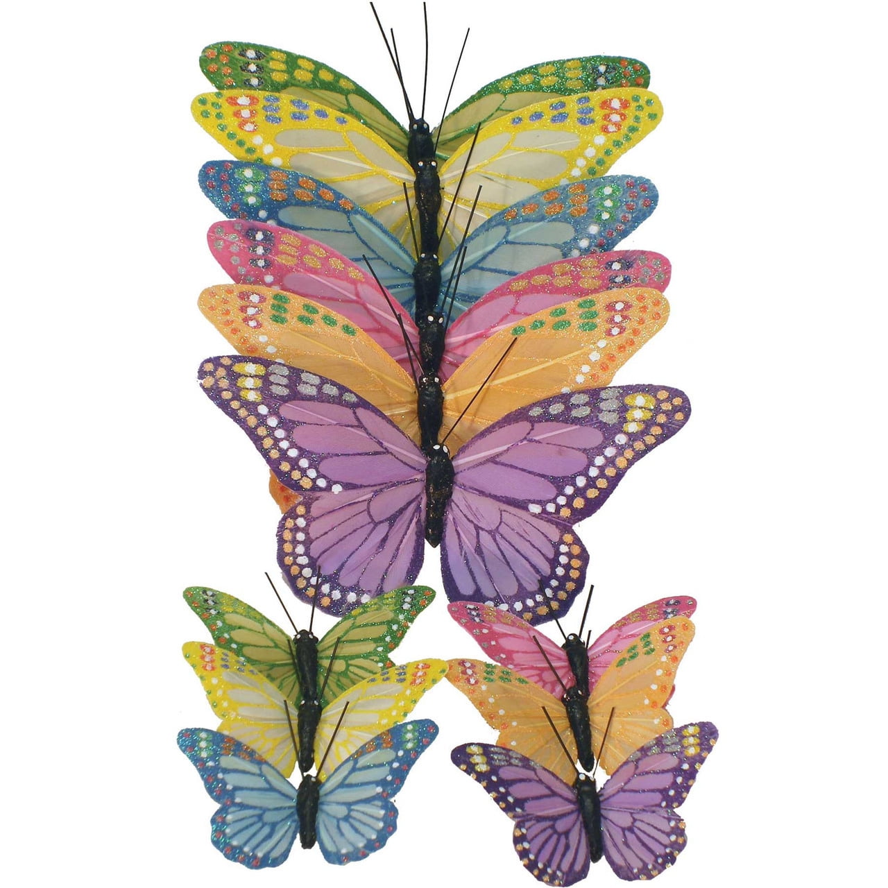 One Dozen, 4.5 Inch & 2.5 Inch Artificial Pastel Glitter Butterflies On ...