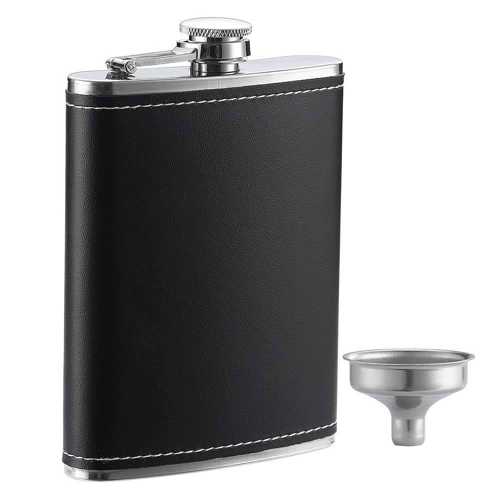 WSBArt 8 Oz Hip Flask for Liquor Black Leather Flask and Funnel, Leak ...