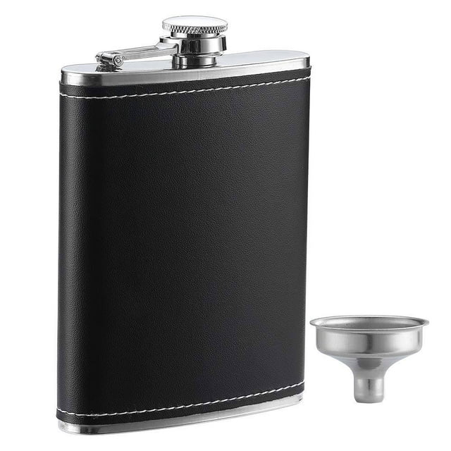 WSBArt 8 Oz Hip Flask for Liquor Black Leather Flask and Funnel, Leak ...