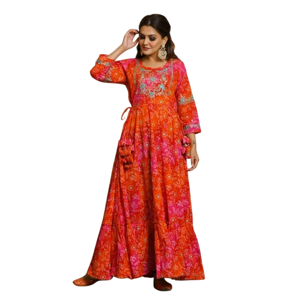 Click here for Dweep Sara Orange Bandhani Anarkali Dress prices